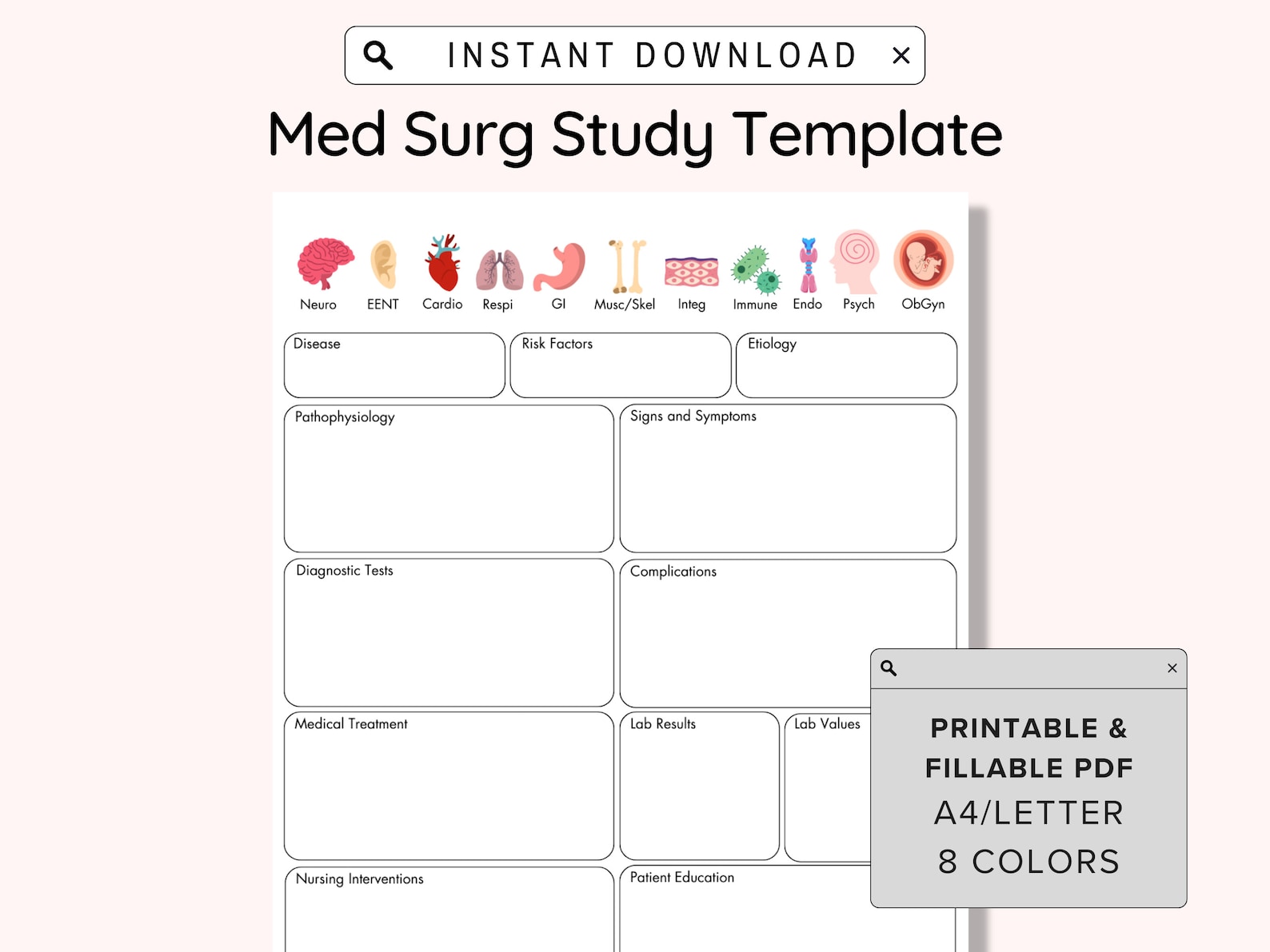 Fillable Med Surg Study Template, Nursing School Medical Surgical ...