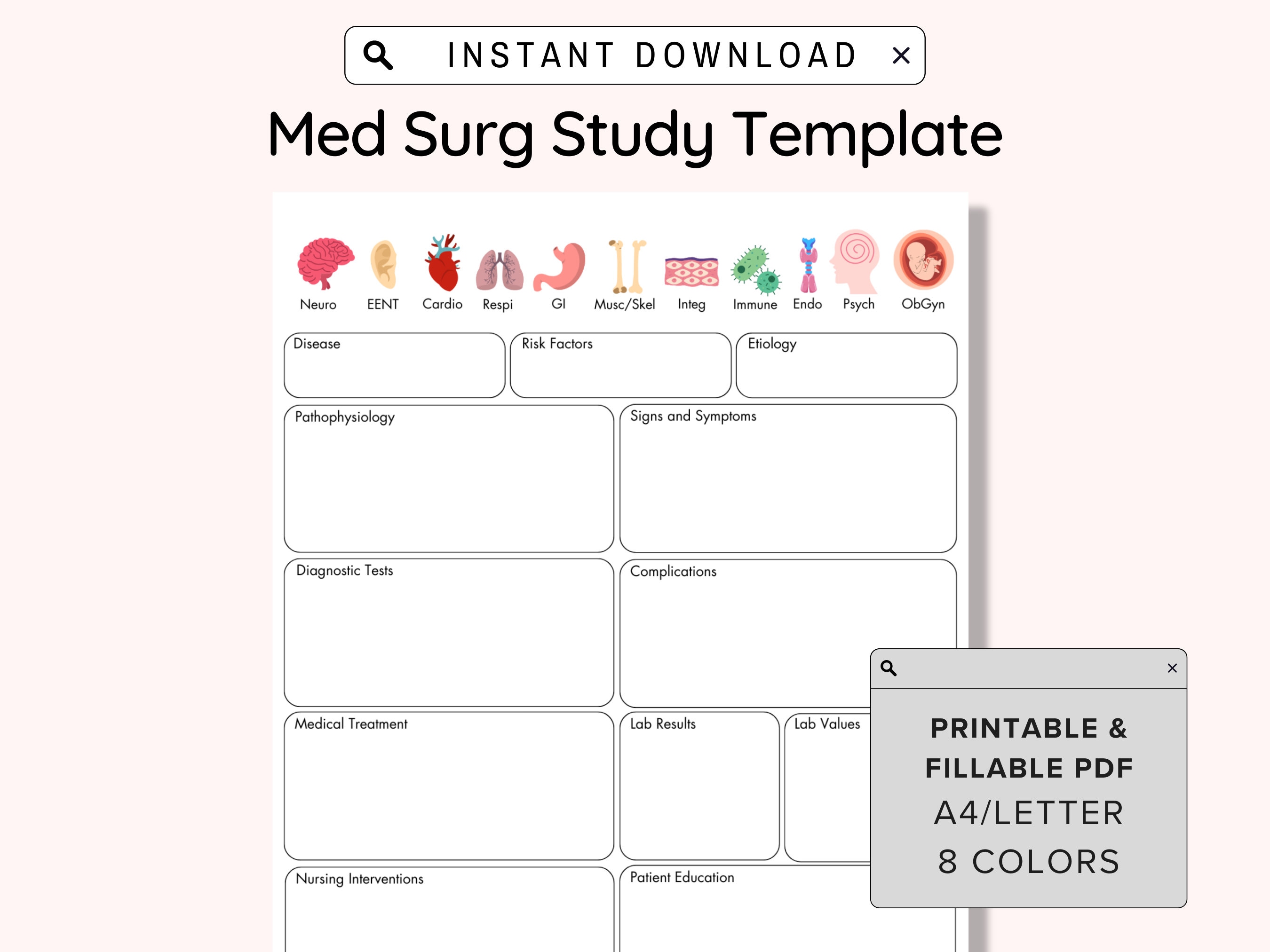 Fillable Med Surg Study Template, Nursing School Medical Surgical ...