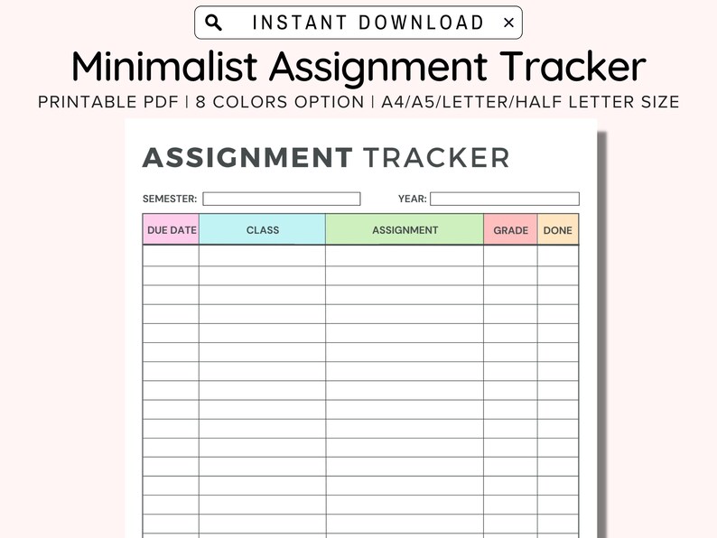 Assignment Tracker Printable Printable Assignment Planner for - Etsy