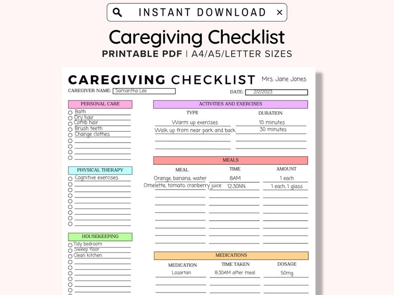 Caregiver Daily Tasks Printable, Caregiving Checklist, Elderly Care ...