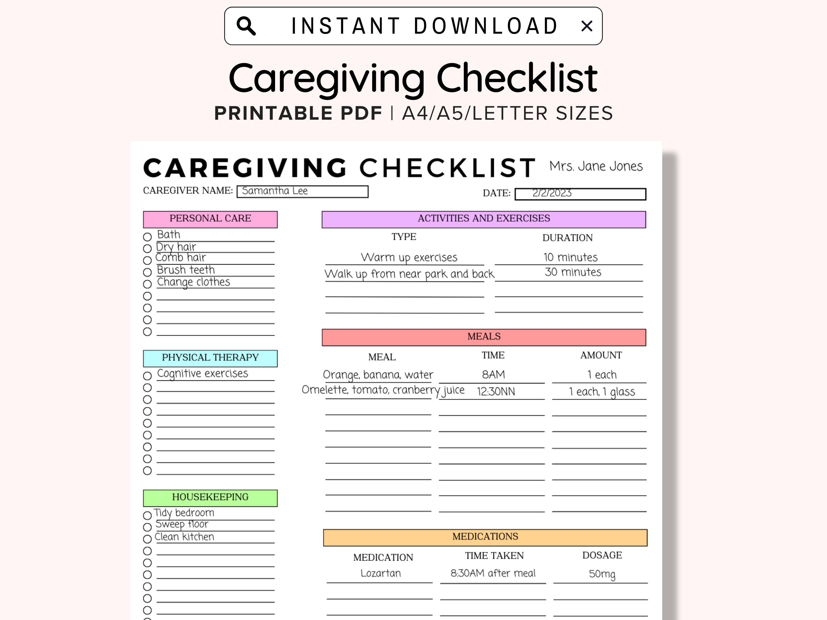 Caregiver Daily Tasks Printable Caregiving Checklist Elderly Care