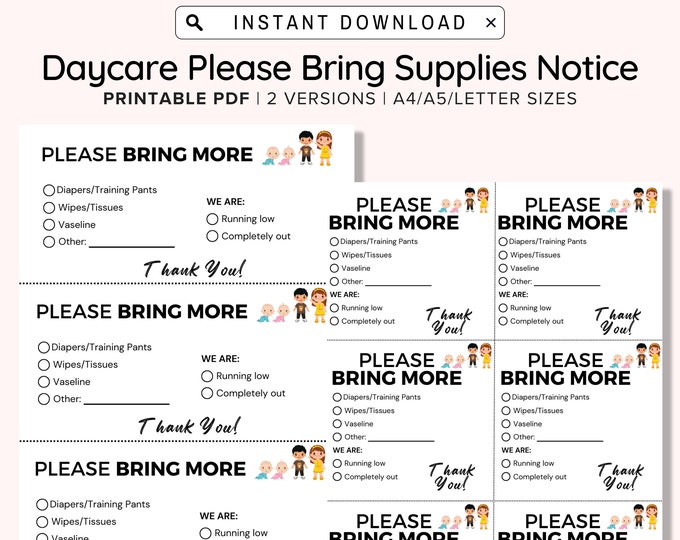 Please Bring More Supplies Notice for Daycares | Parents Notes ...