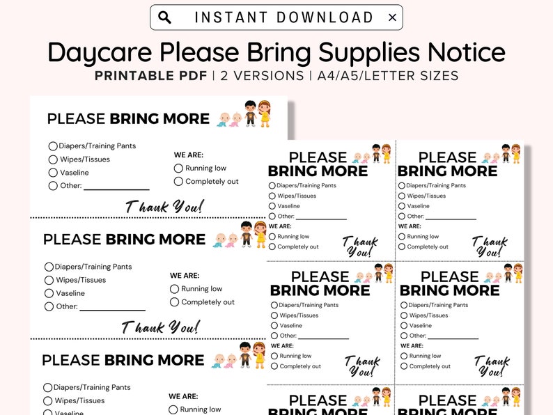 Please Bring More Supplies, Daycare Parent Notice Printable, Childcare ...