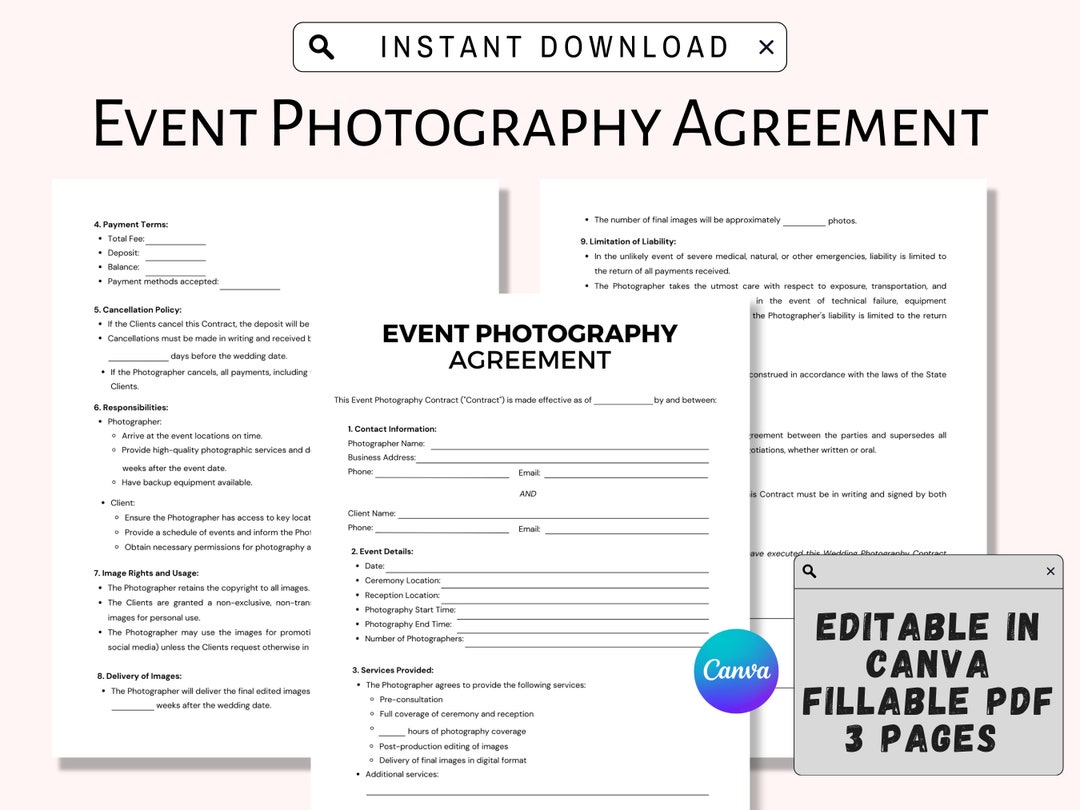 Fillable PDF Wedding Event Photography Contract Template Editable in ...