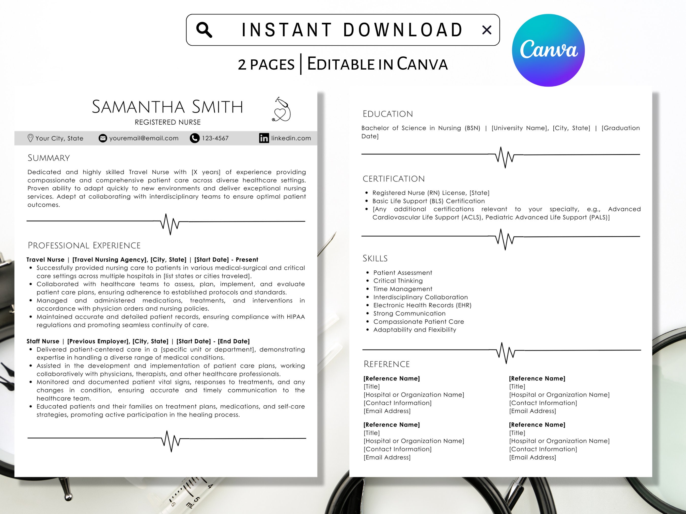 Nursing Resume Template & Cover Letter for Canva, Medical Resume ...