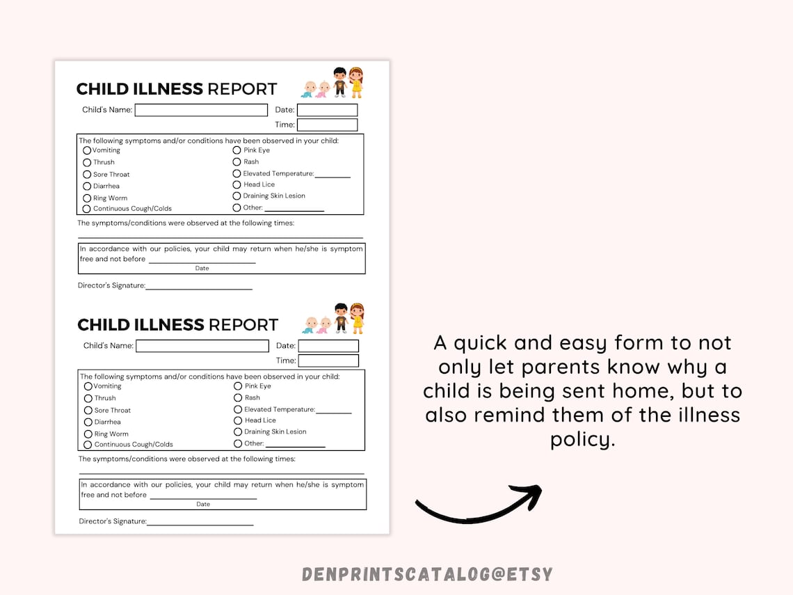 Child Illness Notice Printable, Daycare Printable Child Sick Report ... Child Illness Notice Printable, Daycare Printable Child Sick Report ...