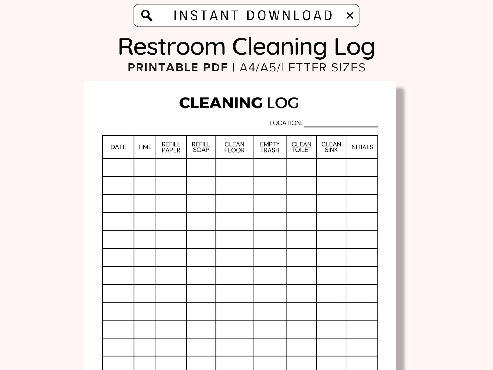 Weekly Bathroom Cleaning Chart Printable, Restroom Cleaning Log for ...