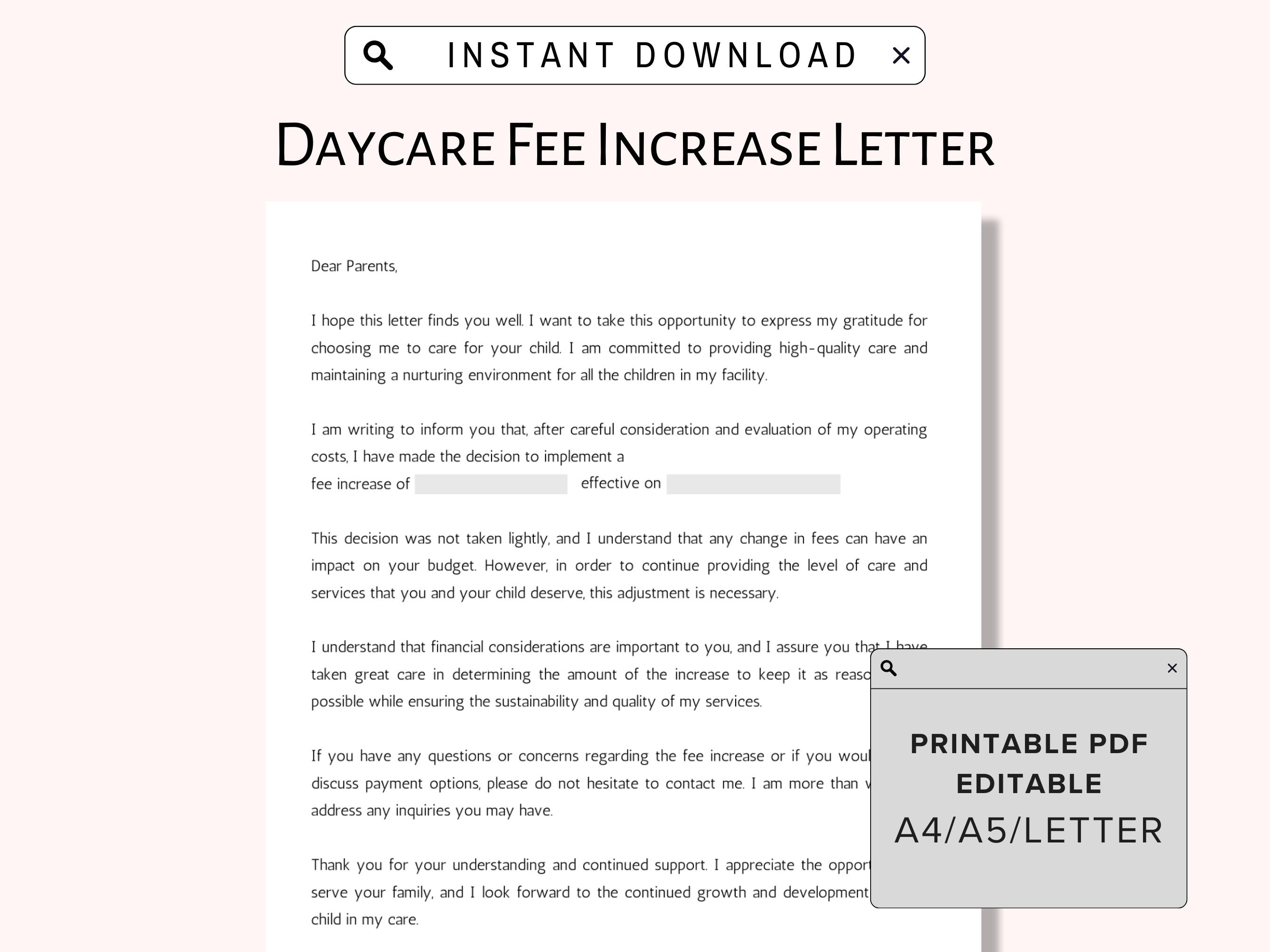 Daycare Fee Increase Letter Editable, Childcare Rate Increase Letter ...