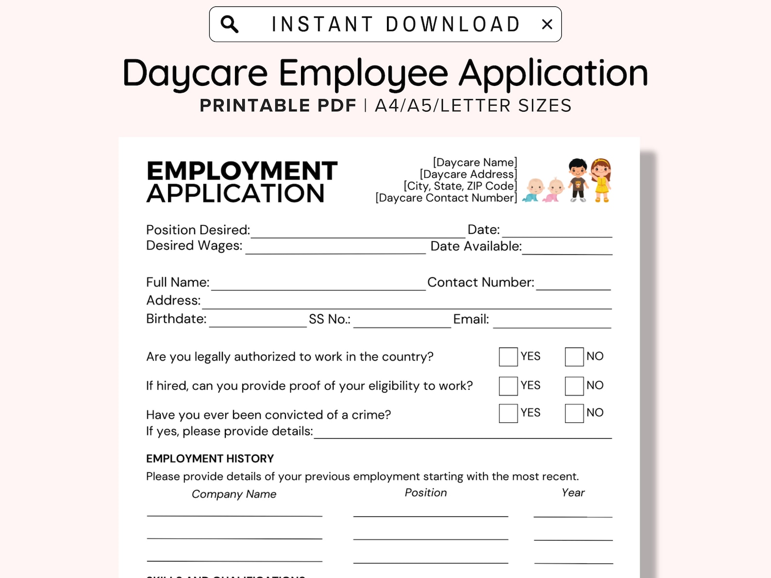 Daycare Employee Application Printable, Childcare Center Printable ...