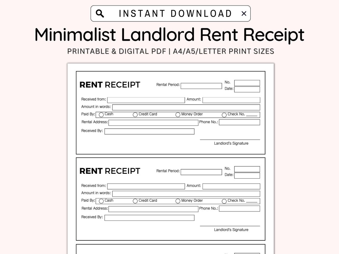 Landlord Rent Receipt, Tenant Receipt, Rent Payment Receipt, Landlord ...