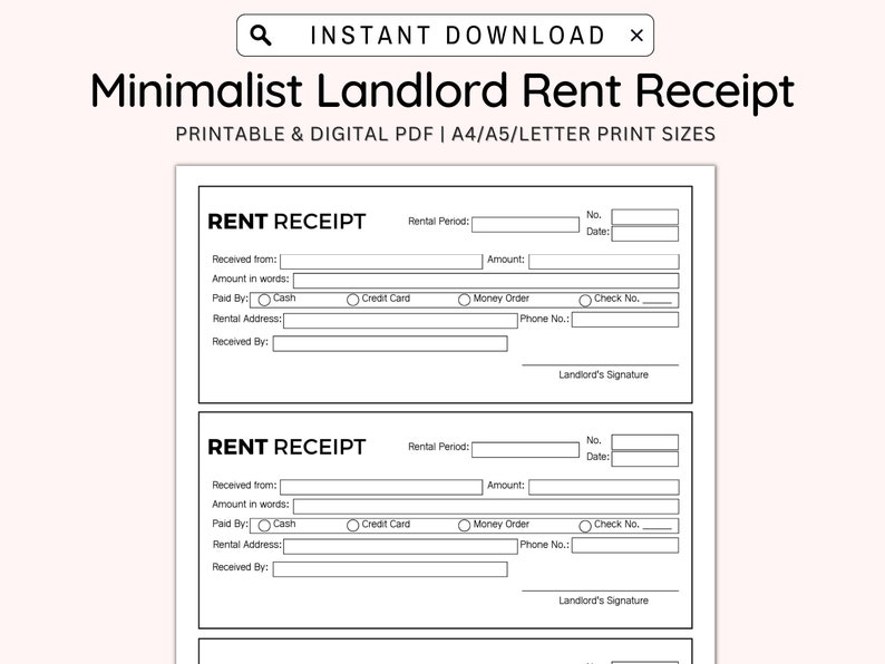 Landlord Rent Receipt, Tenant Receipt, Rent Payment Receipt, Landlord ...