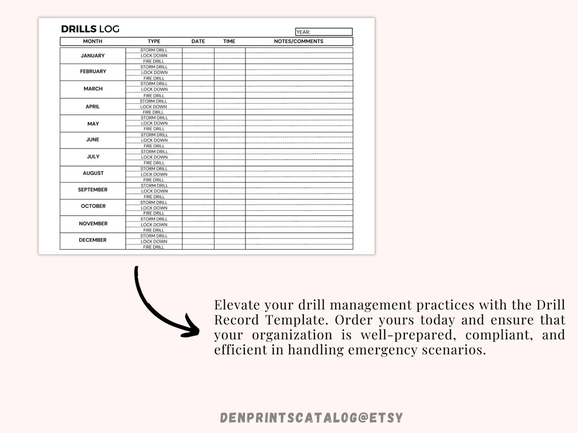 Printable Emergency Evacuation Log, Emergency Drill Record, Fire Drill ...