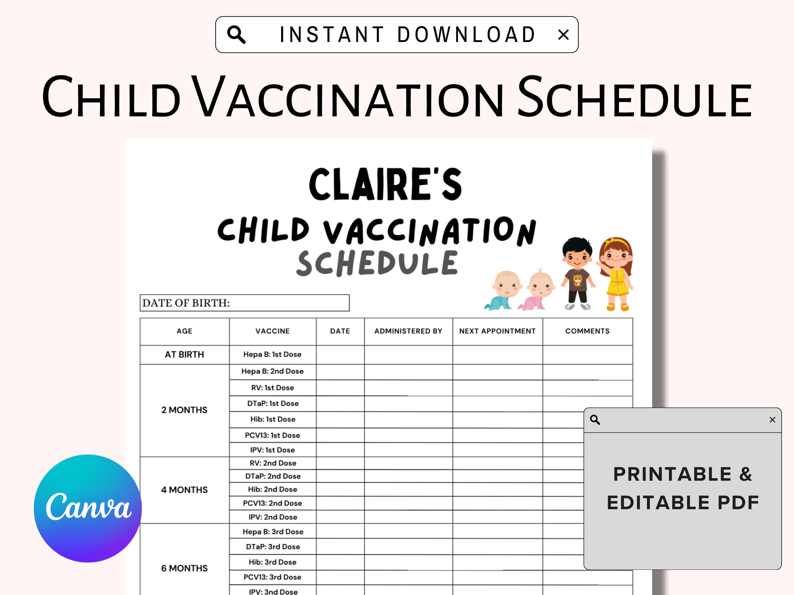 Child Vaccination Schedule Printable, Editable Immunization Record ...
