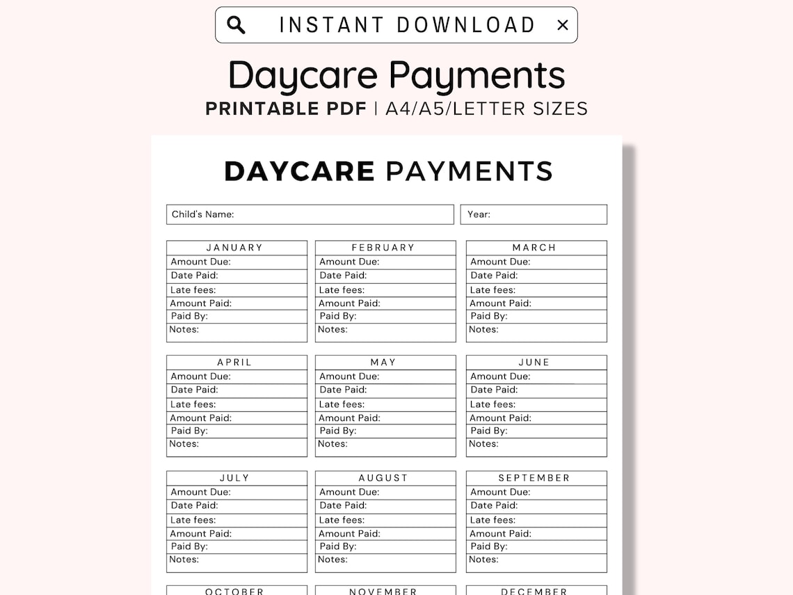 Daycare Payments Log Printable, Daycare Payments, Daycare Tuition ...