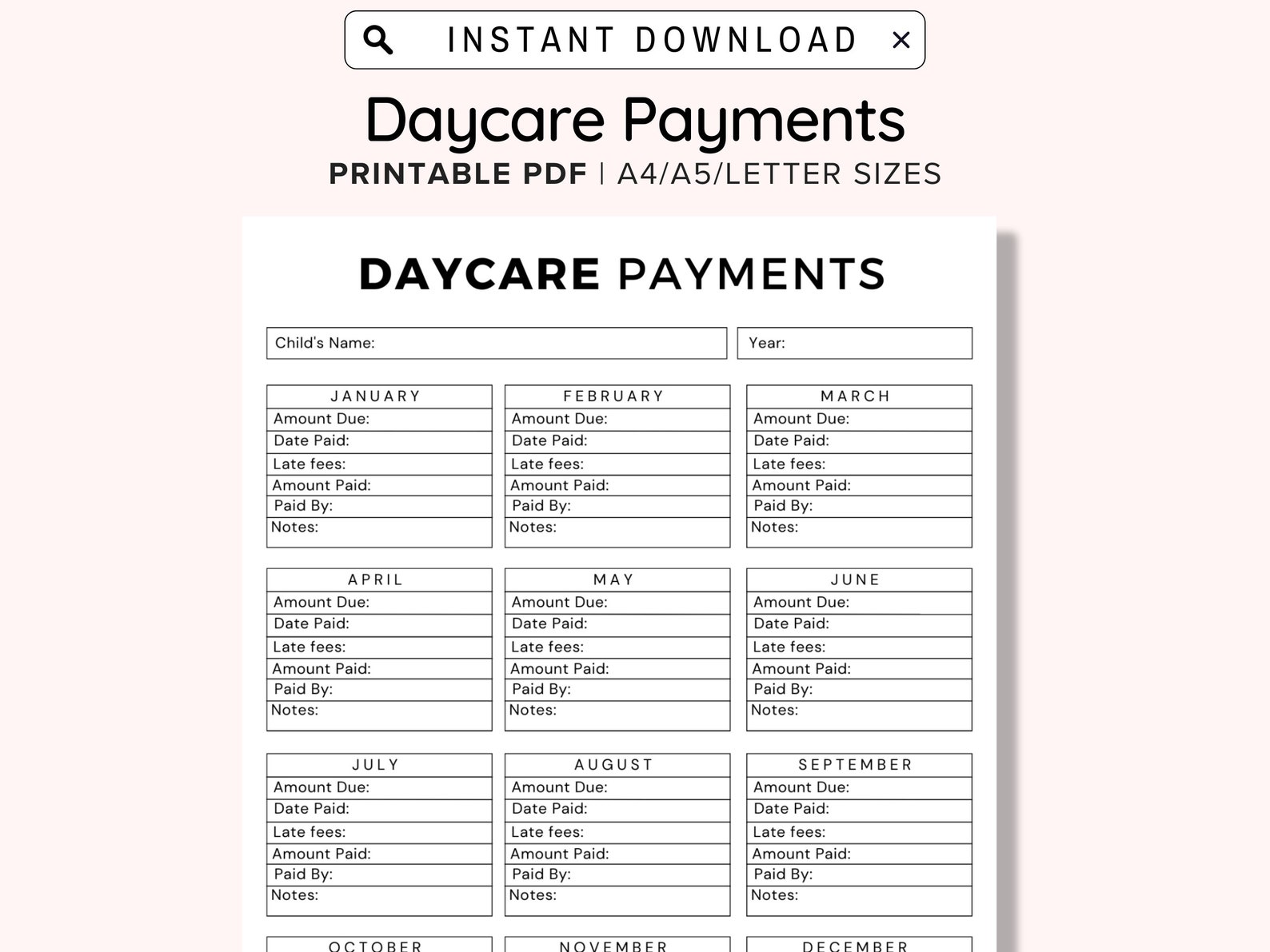 Daycare Payments Log Printable, Daycare Payments, Daycare Tuition ...