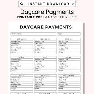 Daycare Payments Log Printable, Daycare Payments, Daycare Tuition ...