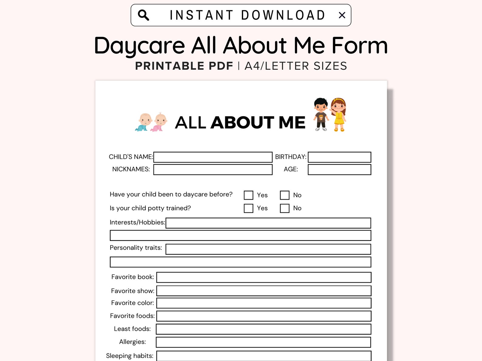 Daycare All About Me Form | Daycare Questionnaire | Get to Know Me ...