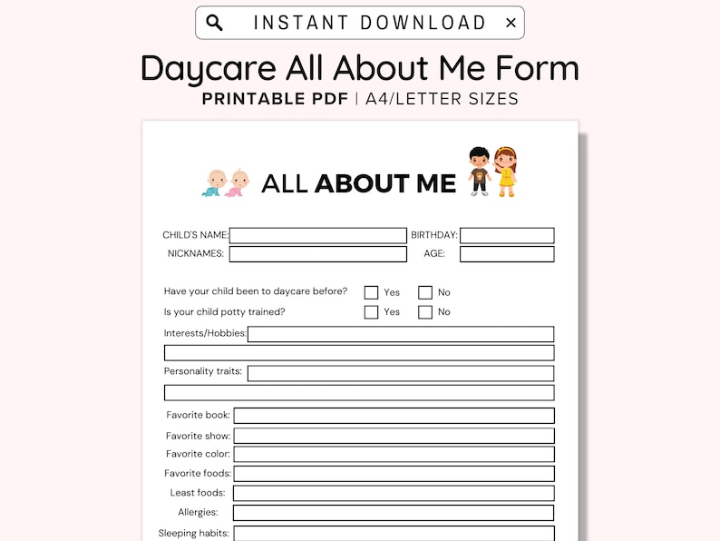 Daycare All About Me Form | Daycare Questionnaire | Get to Know Me ...