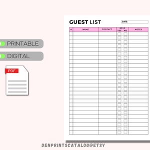 Guest List Planner Printable, Guest List Tracker, RSVP Tracker, Party ...