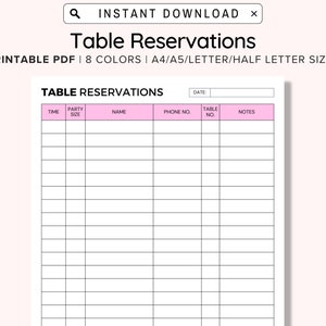 Printable Table Reservation List, Restaurant Table Reservation Form ...