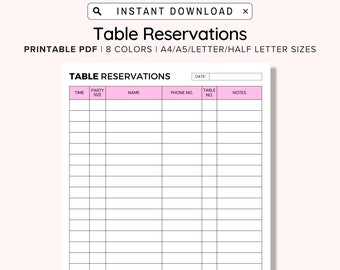 Printable Table Reservation List, Restaurant Table Reservation Form ...