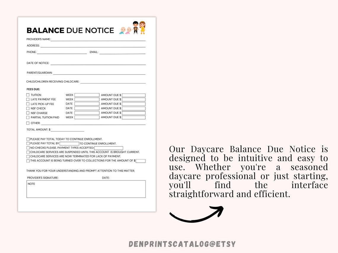 DAYCARE Balance Due Childcare Center Late Payment Notice, Past Due ...