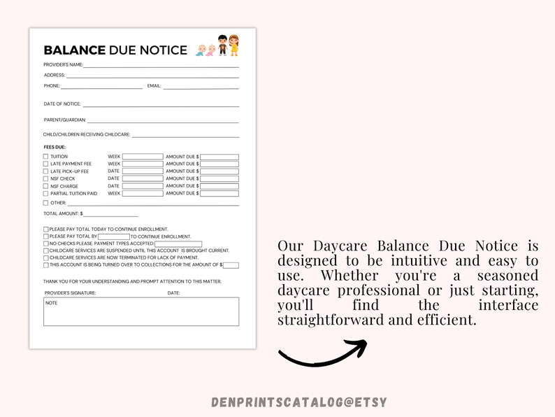 DAYCARE Balance Due Childcare Center Late Payment Notice, Past Due ...