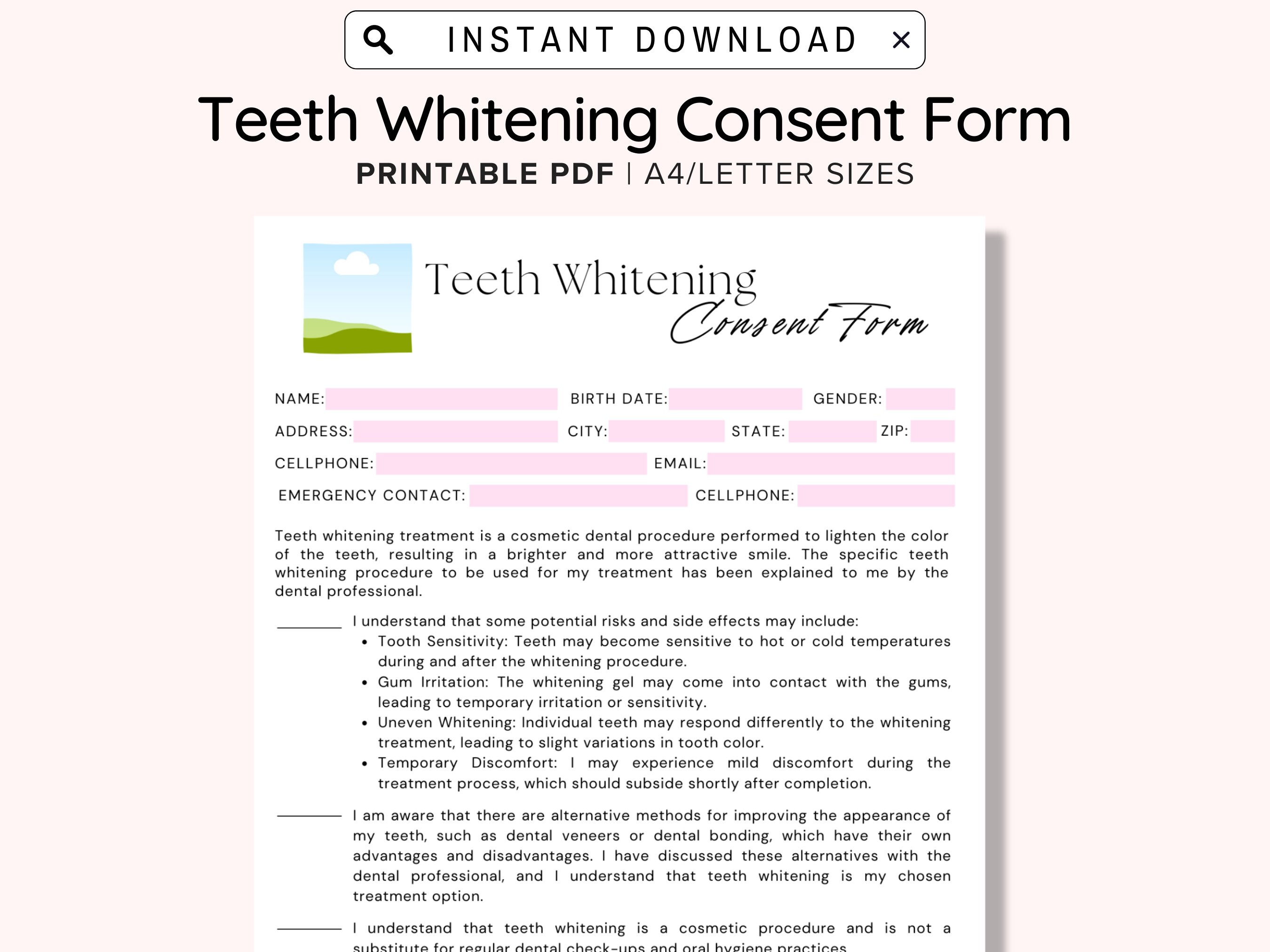 Teeth Whitening Consent Form Printable 1 Page Editable & - Etsy