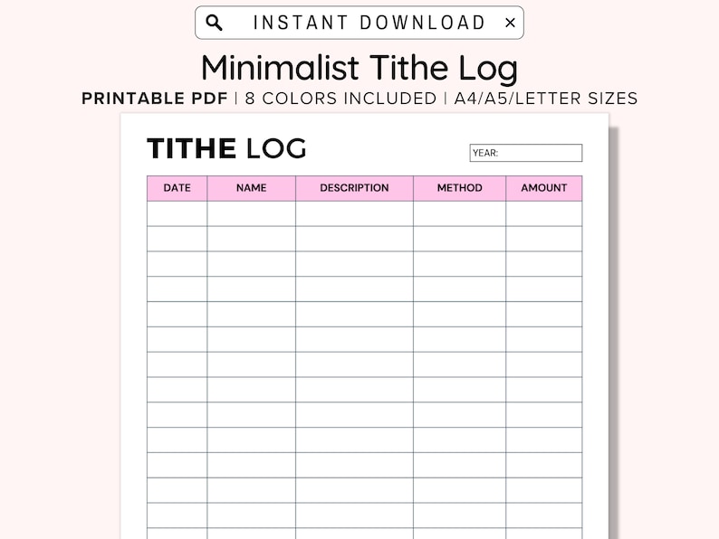 Tithe and Offering Log, Printable Tithing Record, Church Giving Log ...