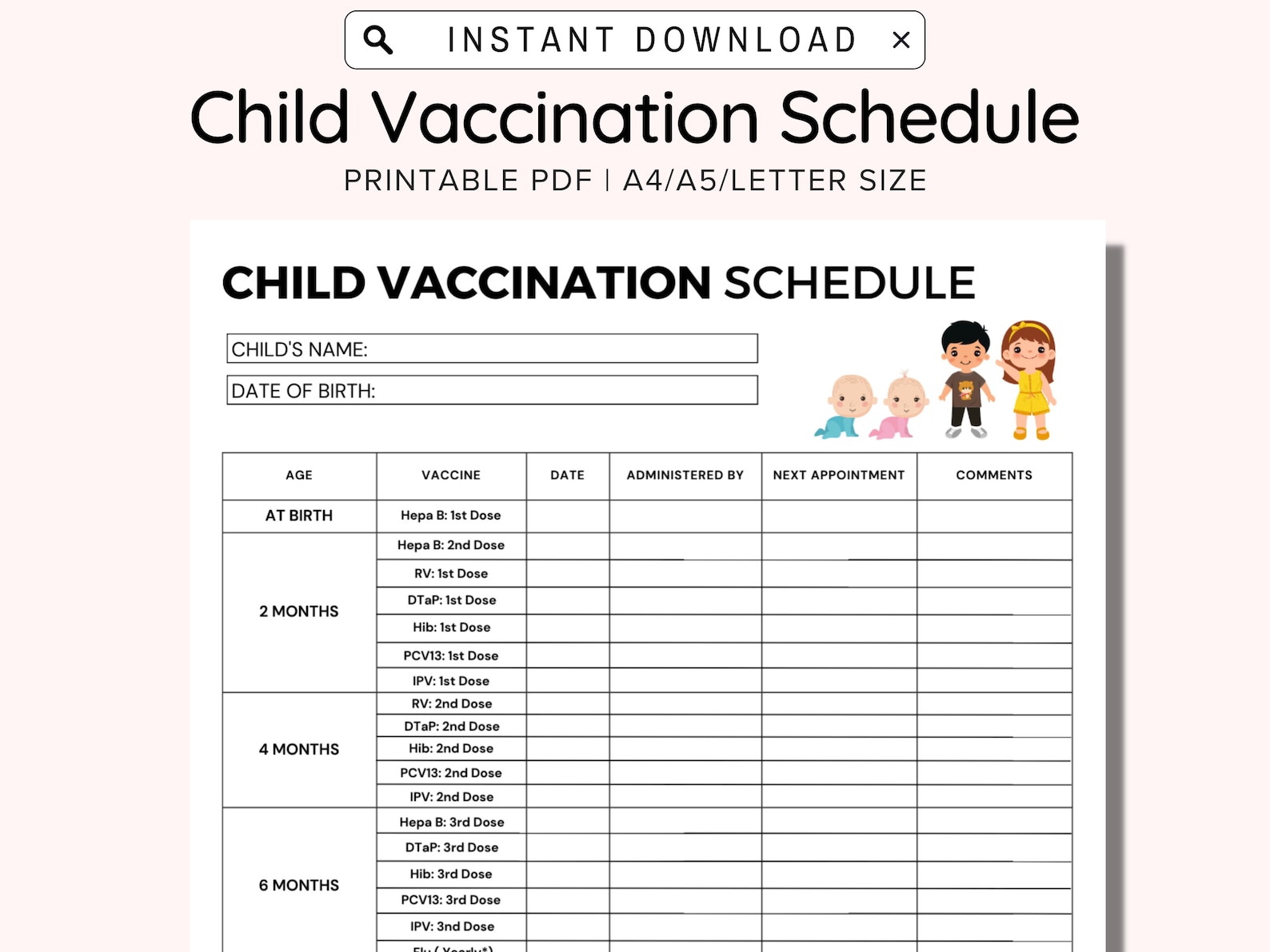 Child Vaccination Schedule Printable, Immunization Record, Vaccine ...