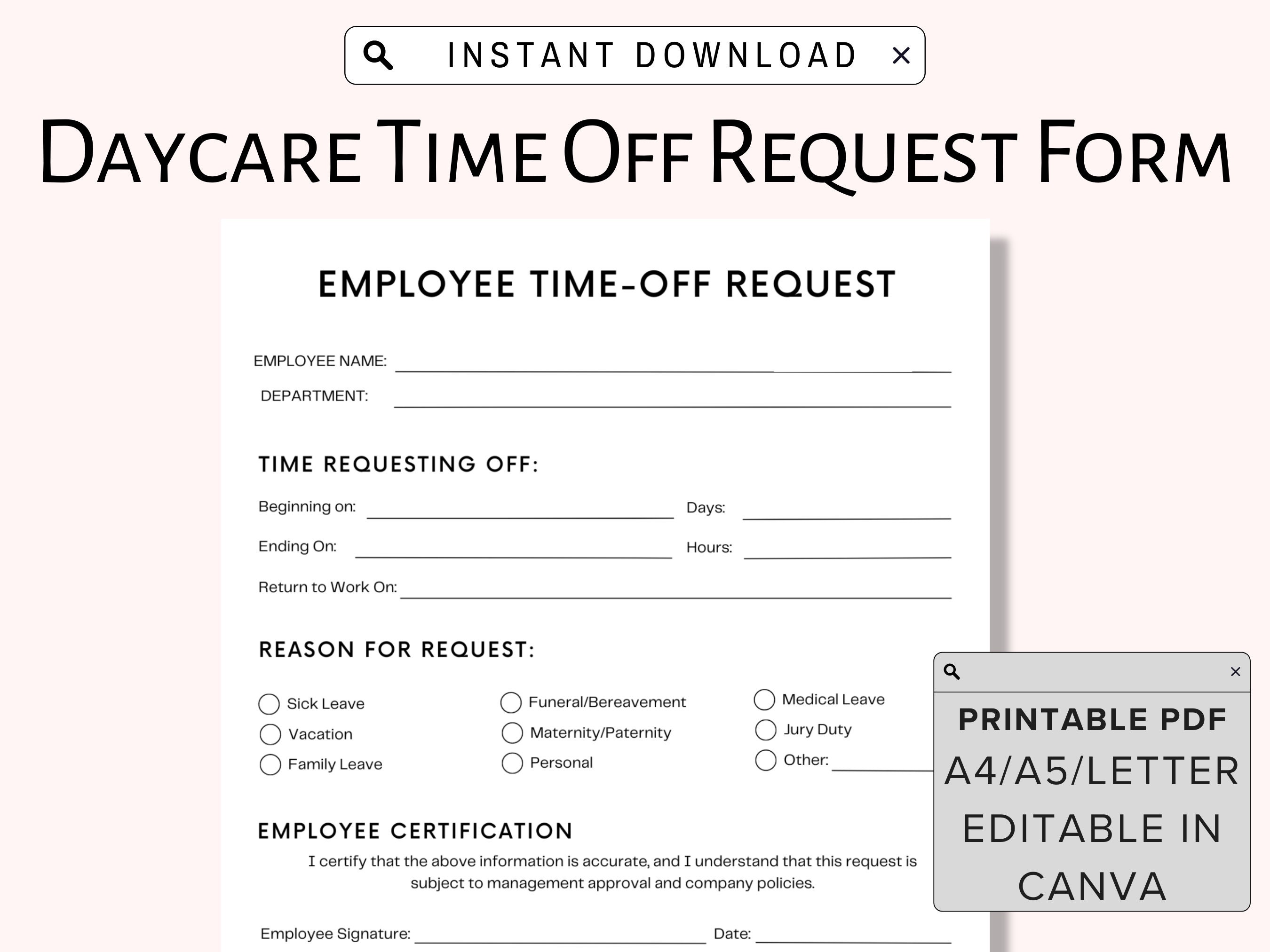 Daycare Time-off Form Printable, Editable Employee Time off Request ...
