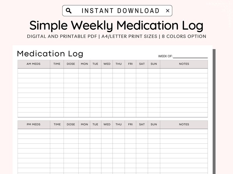 Medication Tracker Printable, Weekly Medication Log, Medicine Tracker ...