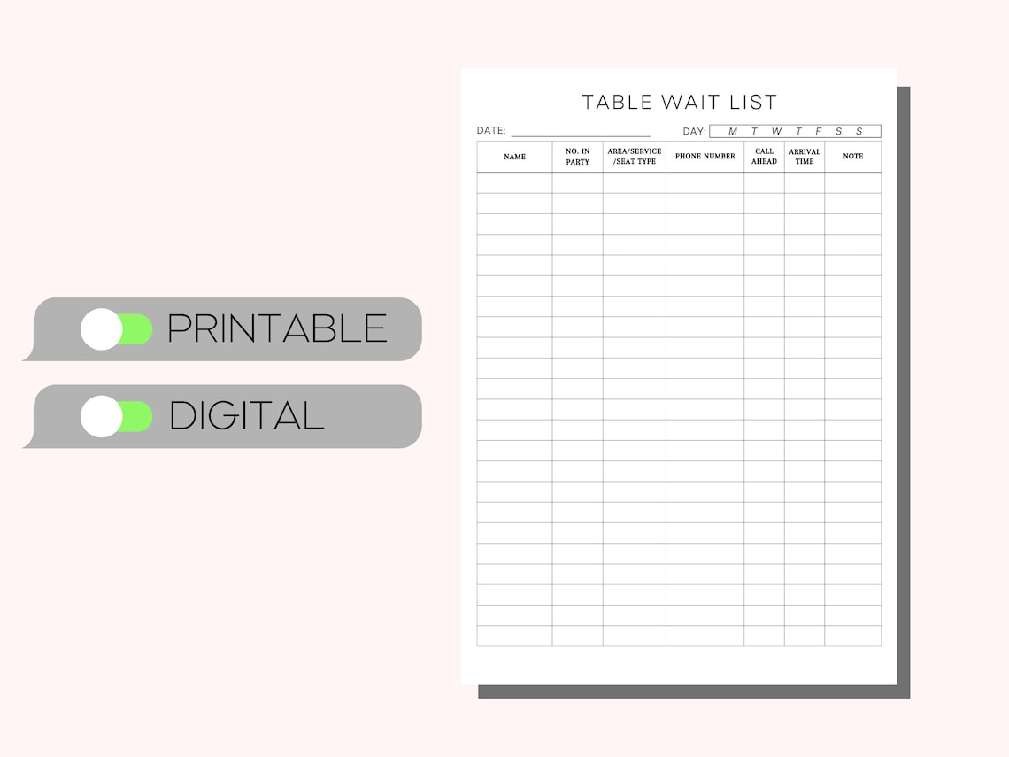 Restaurant Table Wait List Printable, Waiting List Printable ...