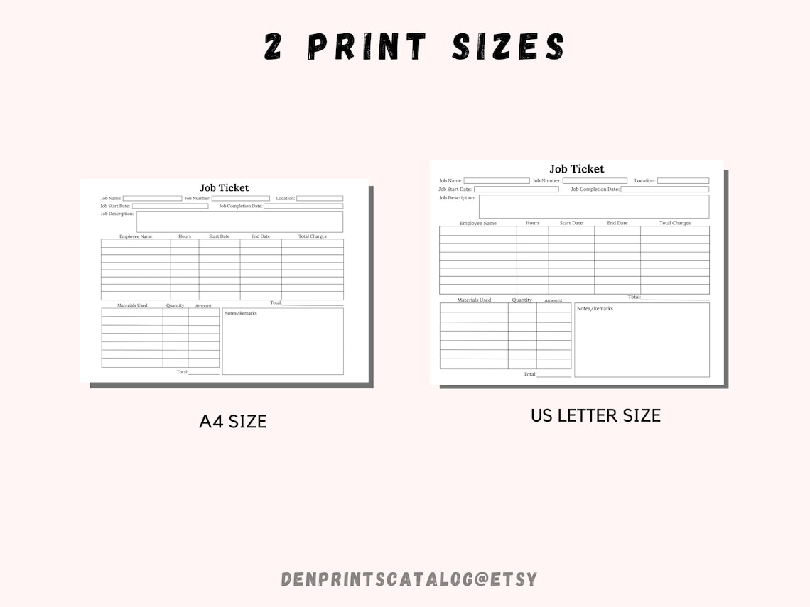 Job Ticket Printable, Work Order Form Template, Work Order Receipt ...