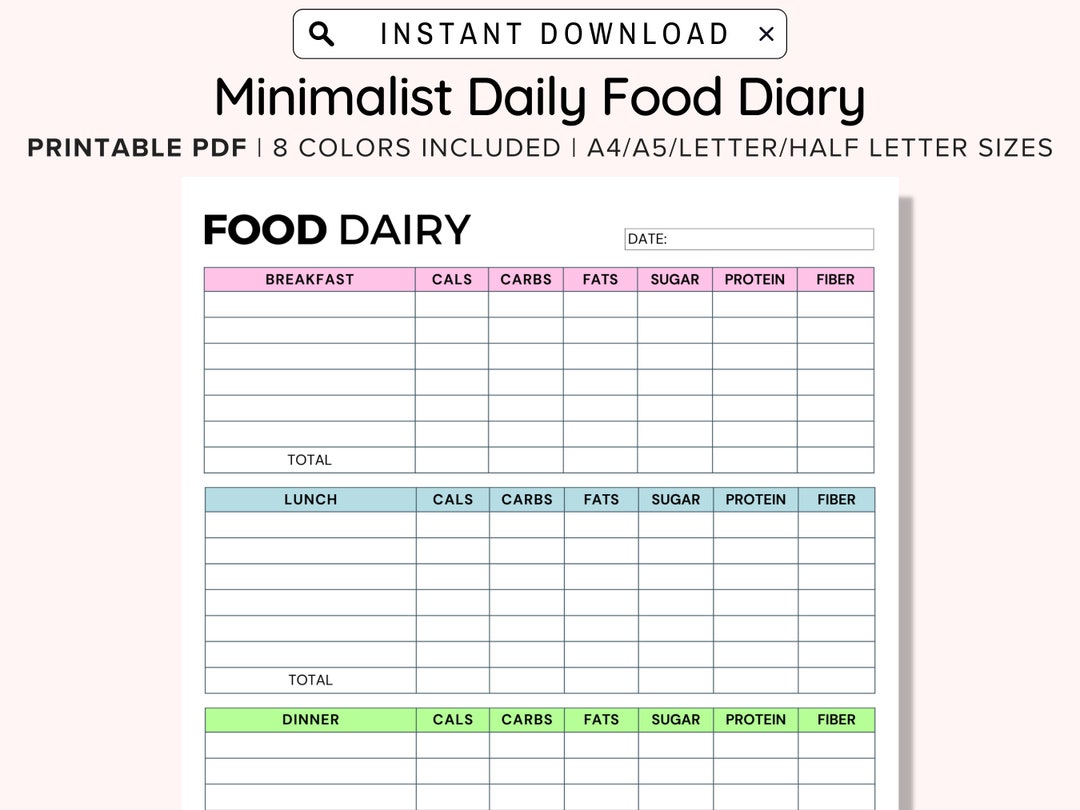 Daily Food Diary Printable Printable Daily Food Journal - Etsy