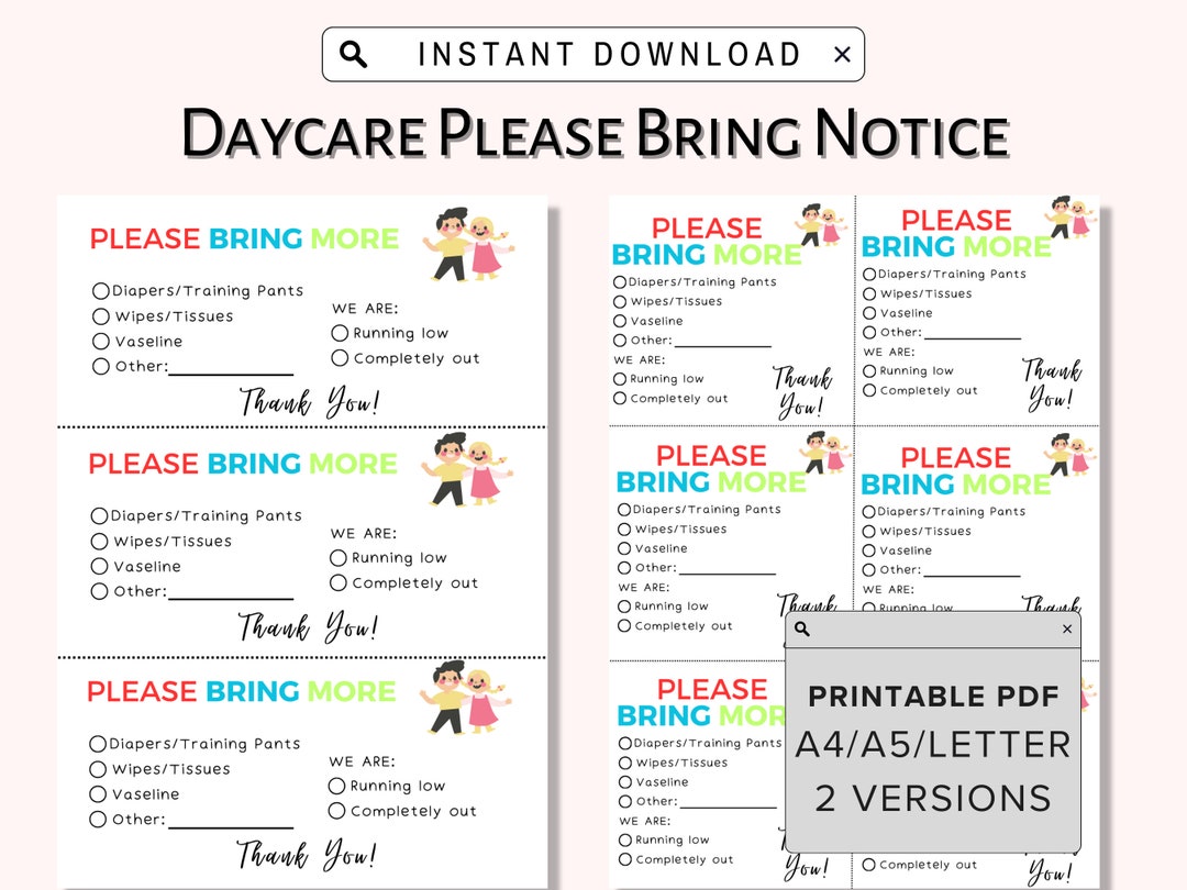 Please Bring More Supplies, Daycare Parent Notice Printable, Childcare ...