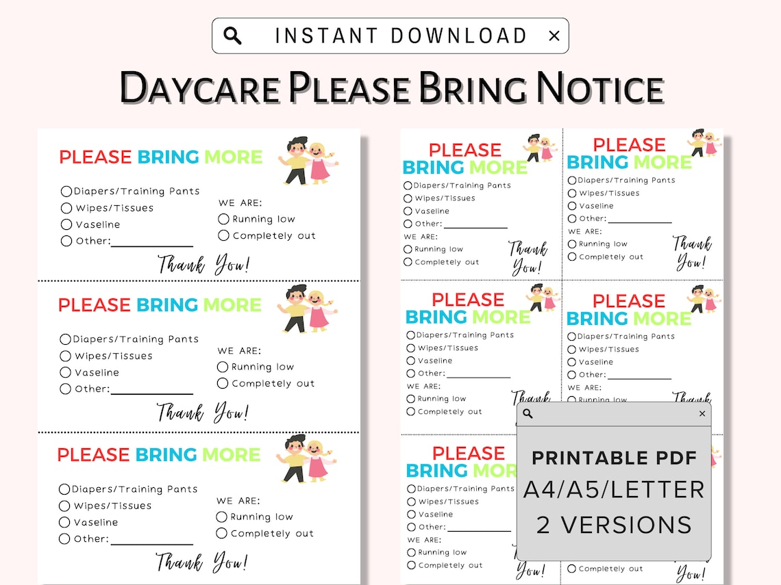 Please Bring More Supplies, Daycare Parent Notice Printable, Childcare ...
