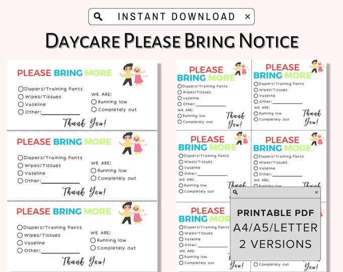 Daycare Parents Notice Send More Diapers Notice of Supplies Needed Home ...