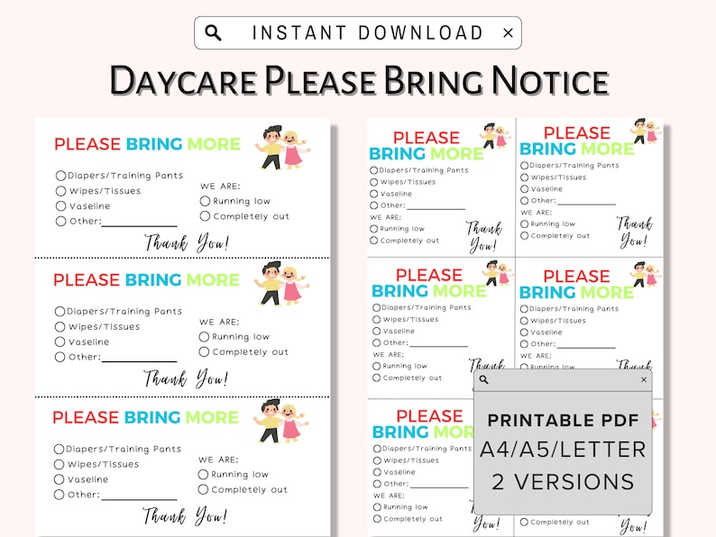 Please Bring More Supplies, Daycare Parent Notice Printable, Childcare ...