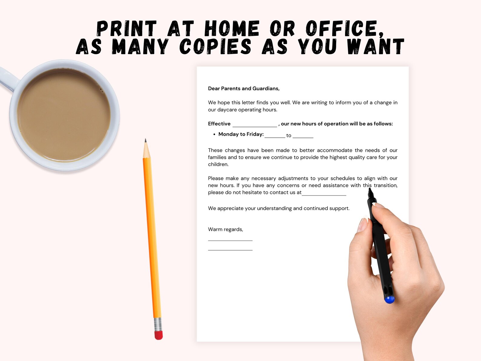 Fillable Daycare Change of Hours Letter, Printable Change of Hours ...