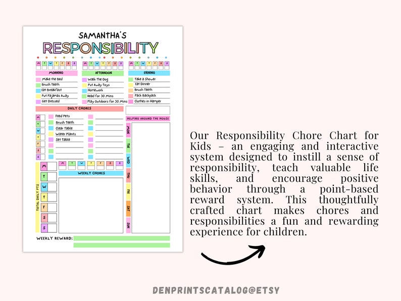 Responsibility Chore Chart for Kids Point System Editable,kids Daily ...