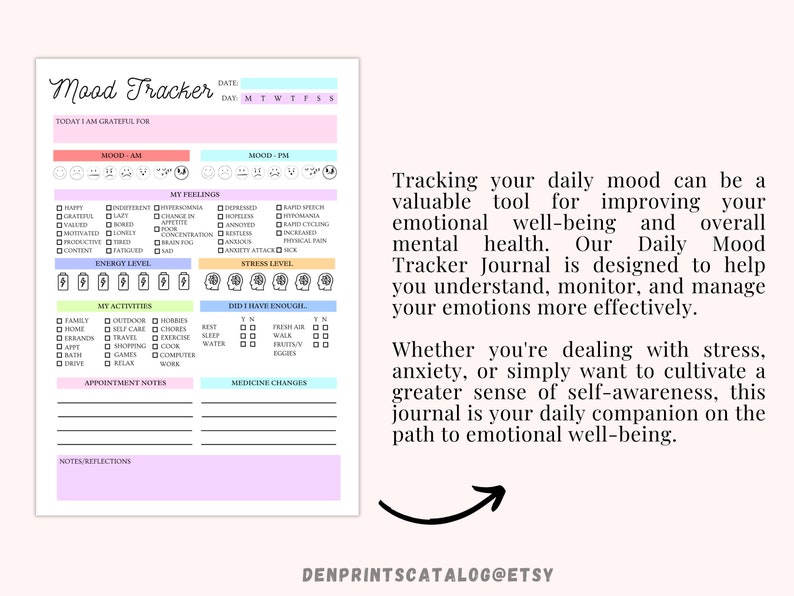 Daily Mood Tracker Simple, Printable Mood Track, Emotion Tracker, Mood ...