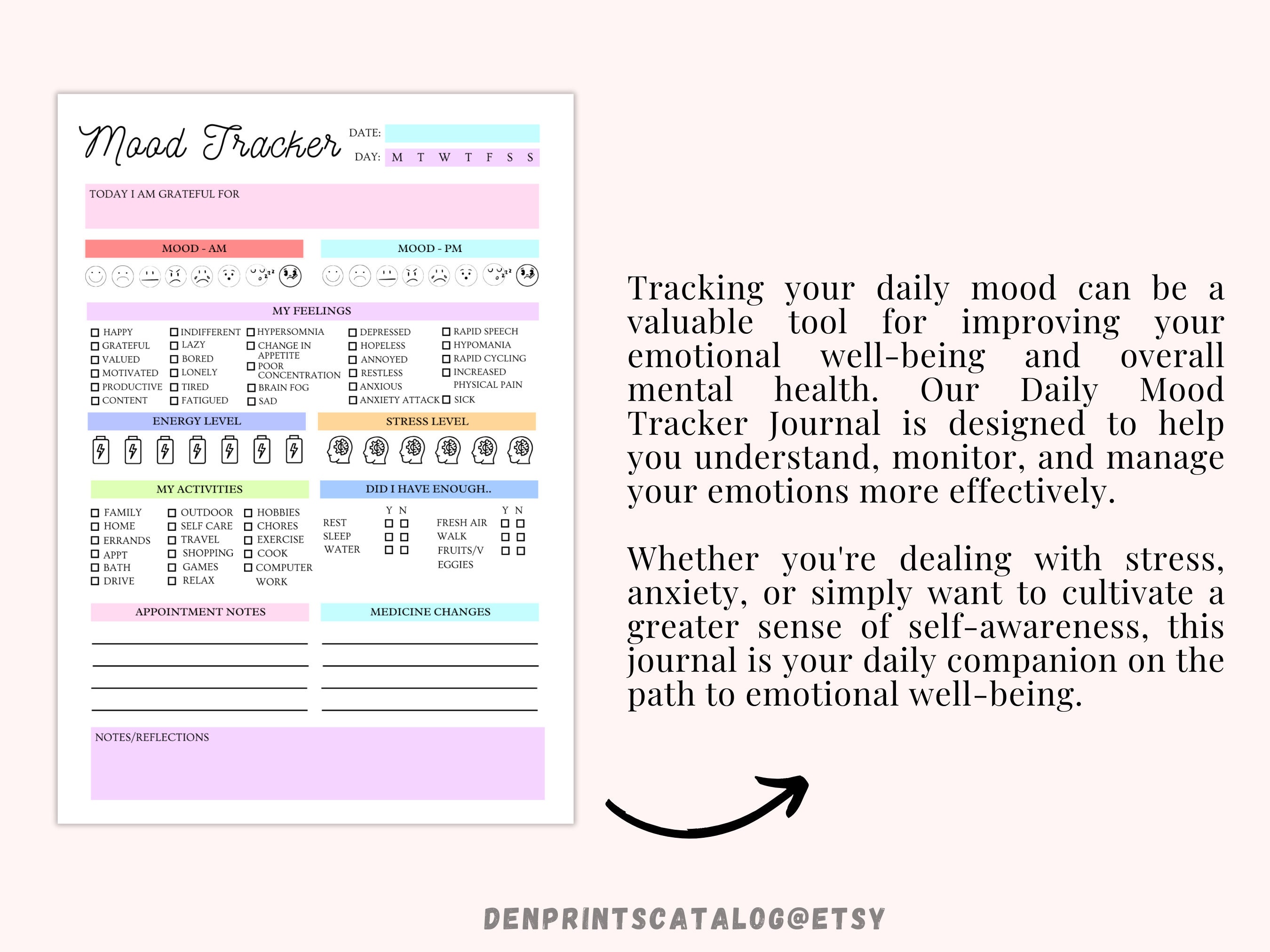 Daily Mood Tracker Simple, Printable Mood Track, Emotion Tracker, Mood ...