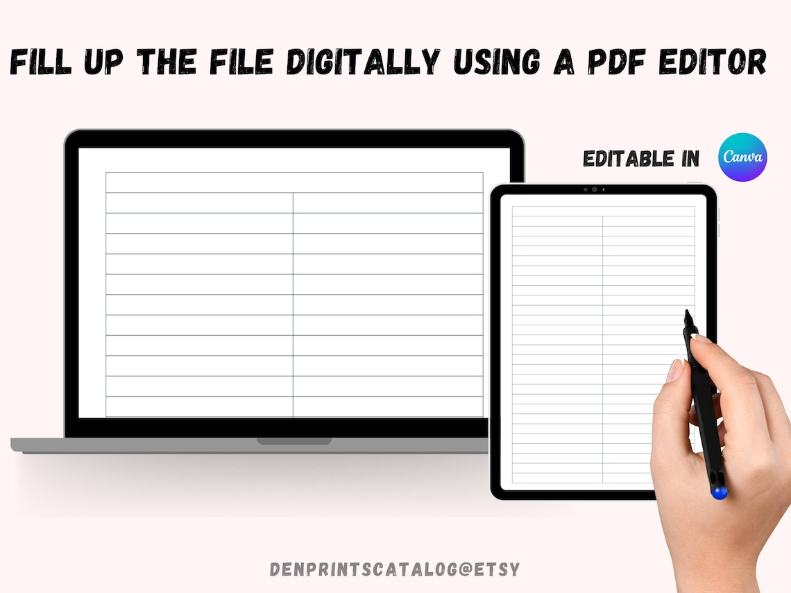 Printable Blank 2 Columns List Text Input and Print and Write Digital, Editable Template ...