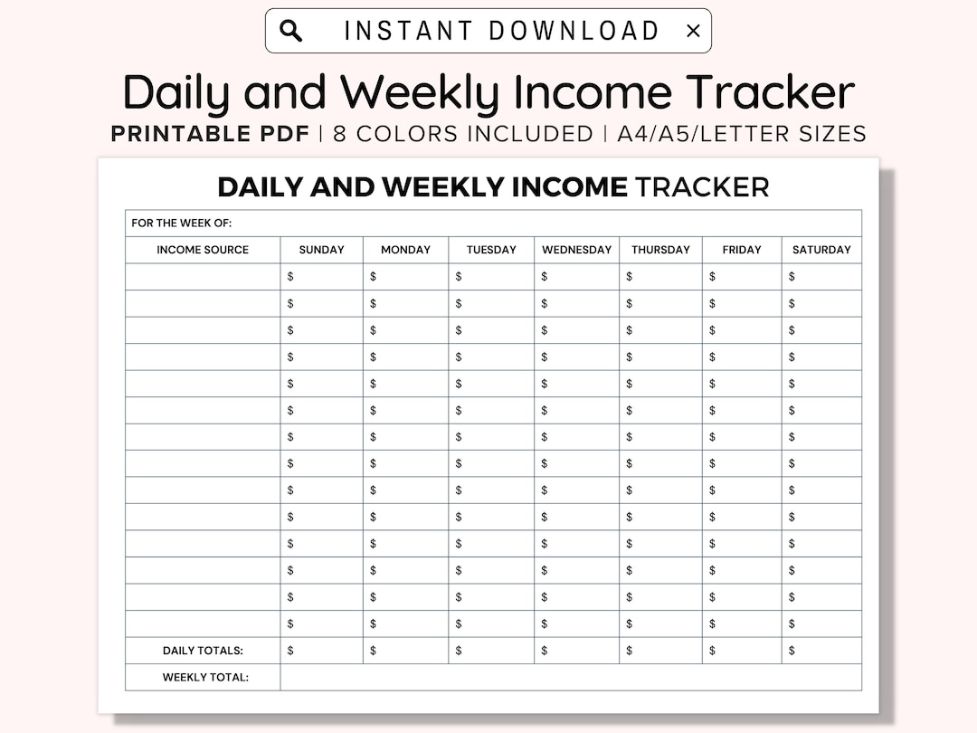 Printable Daily and Weekly Income Tracker, Income Tracker Printable ...