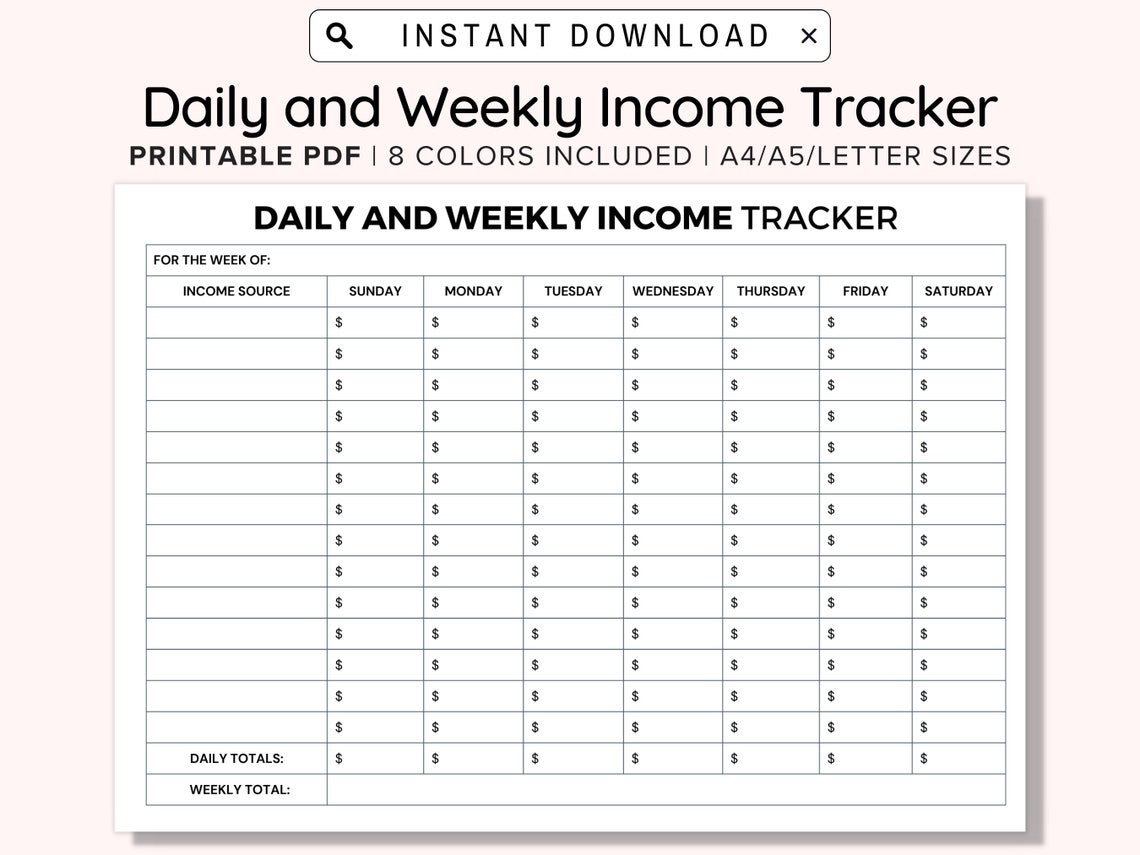 Printable Daily and Weekly Income Tracker, Income Tracker Printable ...