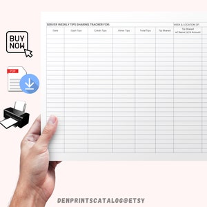 Server Tips Tracker Sheet Printable, for Tip Sharing Weekly Breakdown ...