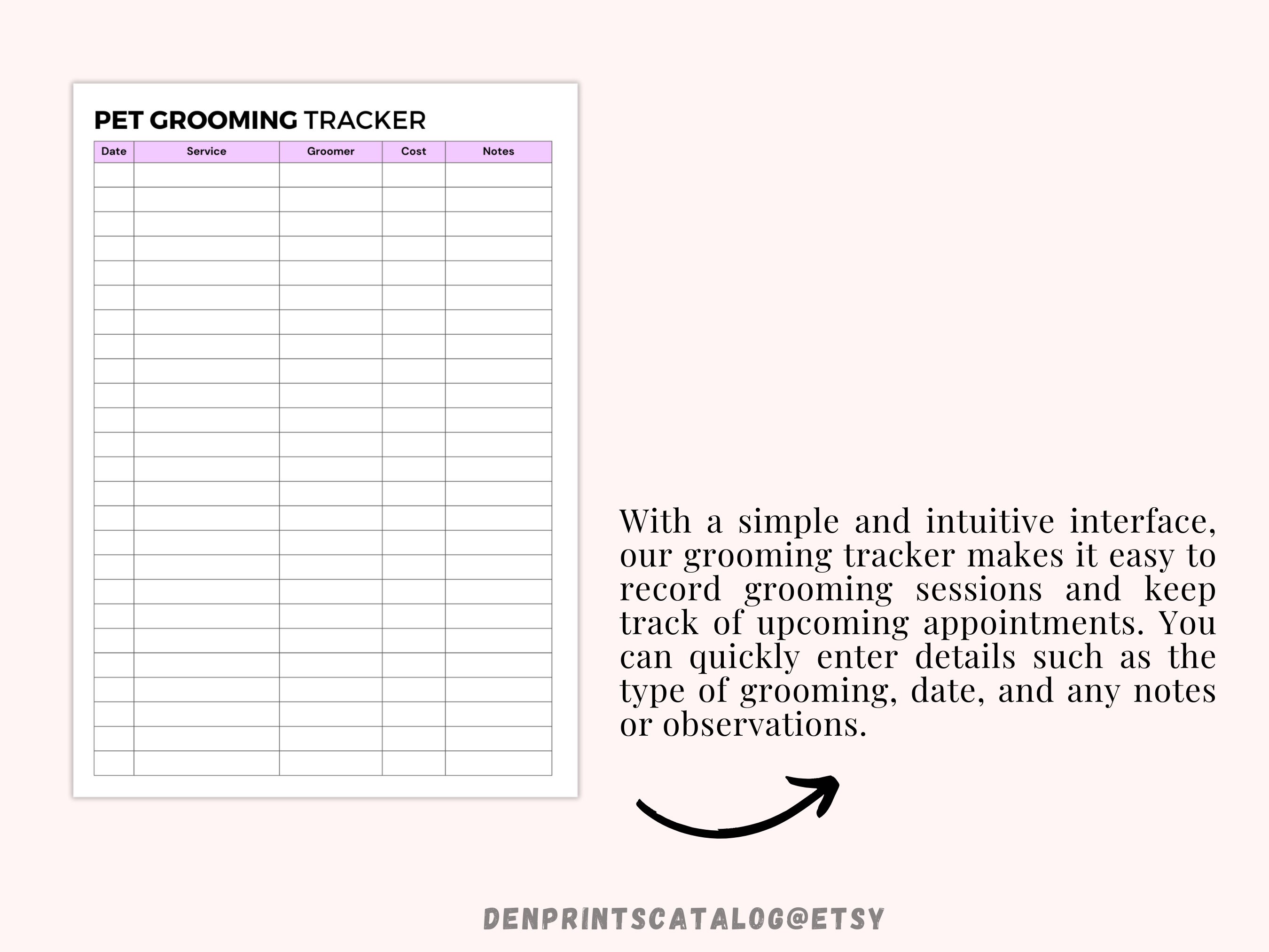 Printable Pet Grooming Tracker, Dog Grooming Log, Cat Care Tracking ...