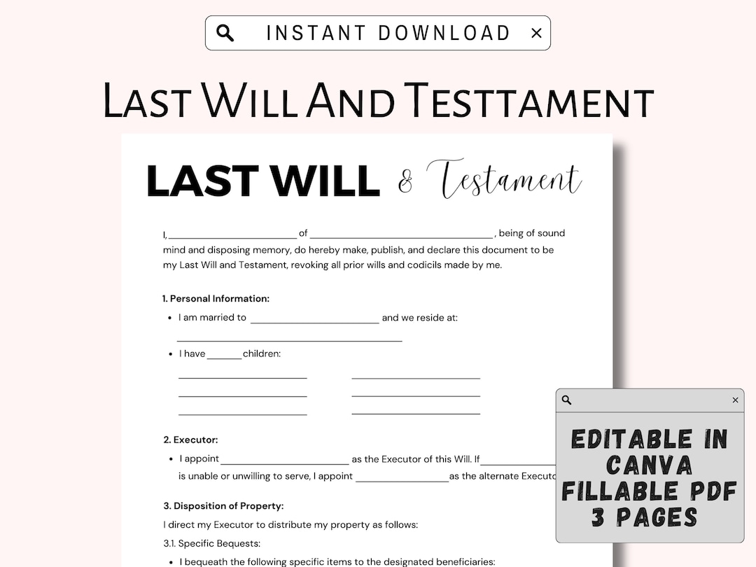 Fillable PDF Simple Living Will and Testament Form Editable Instant ...