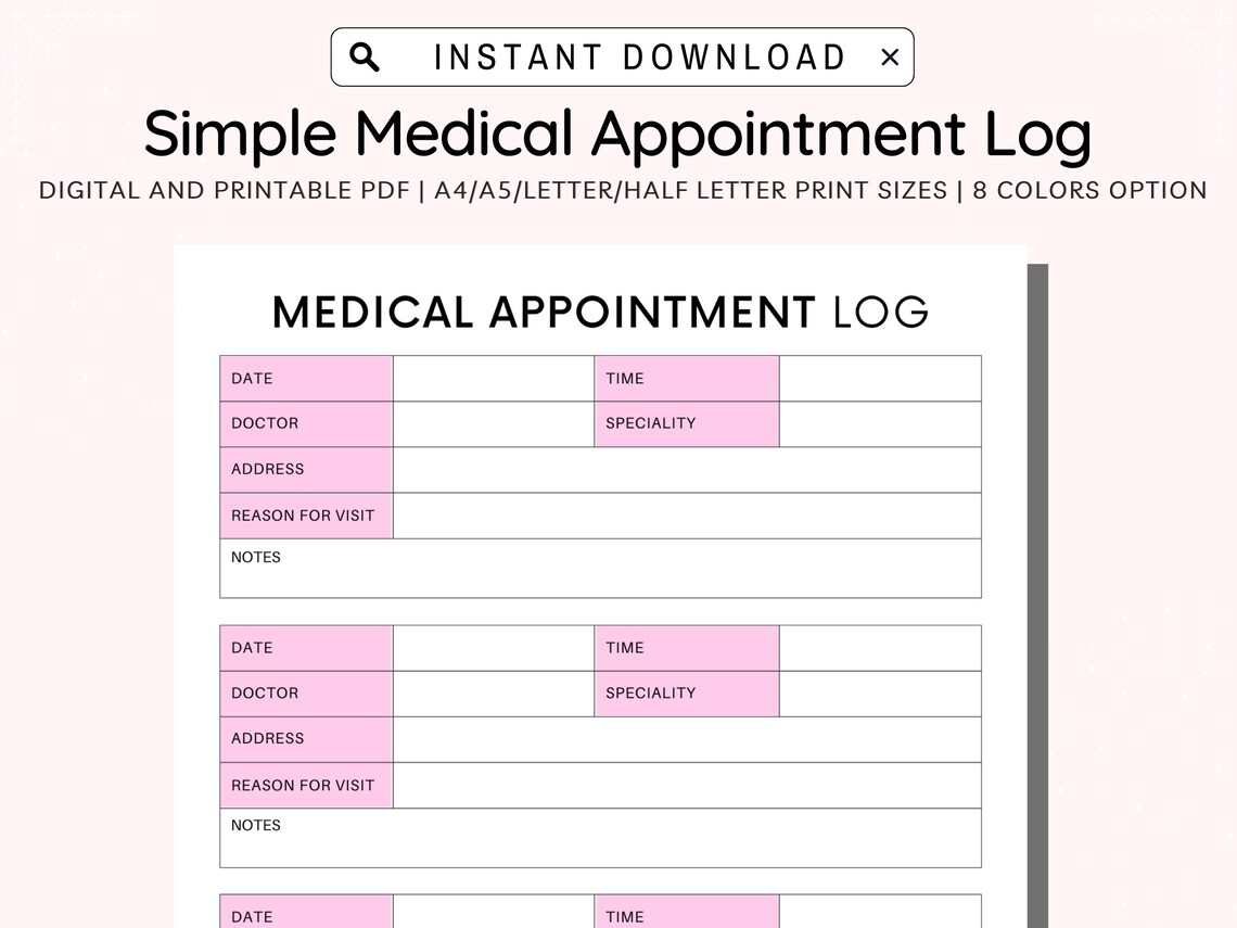 Medical Appointment Log Printable, Doctor's Visit, Appointment Log ...